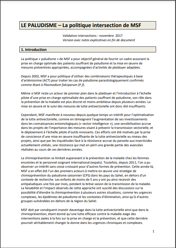 Le paludisme. La politique intersection de MSF | Unicat
